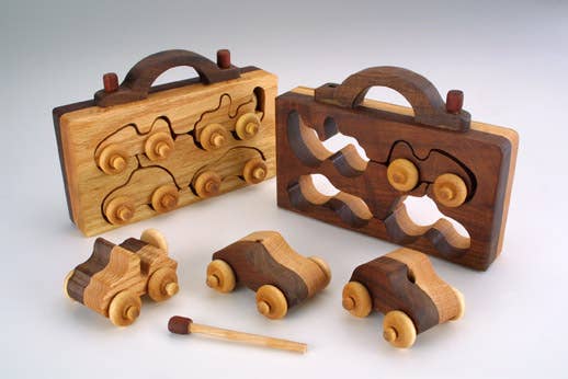 4 Pack Walnut & Light Wood Toy Cars for Kids - TAYLOR + MAX